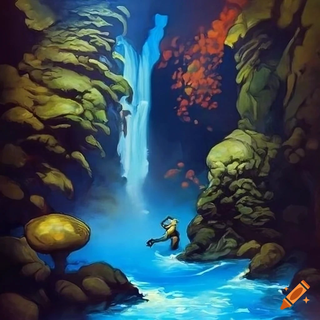 Fantasy art of a glowing cave with waterfalls and bioluminescent mushrooms on Craiyon