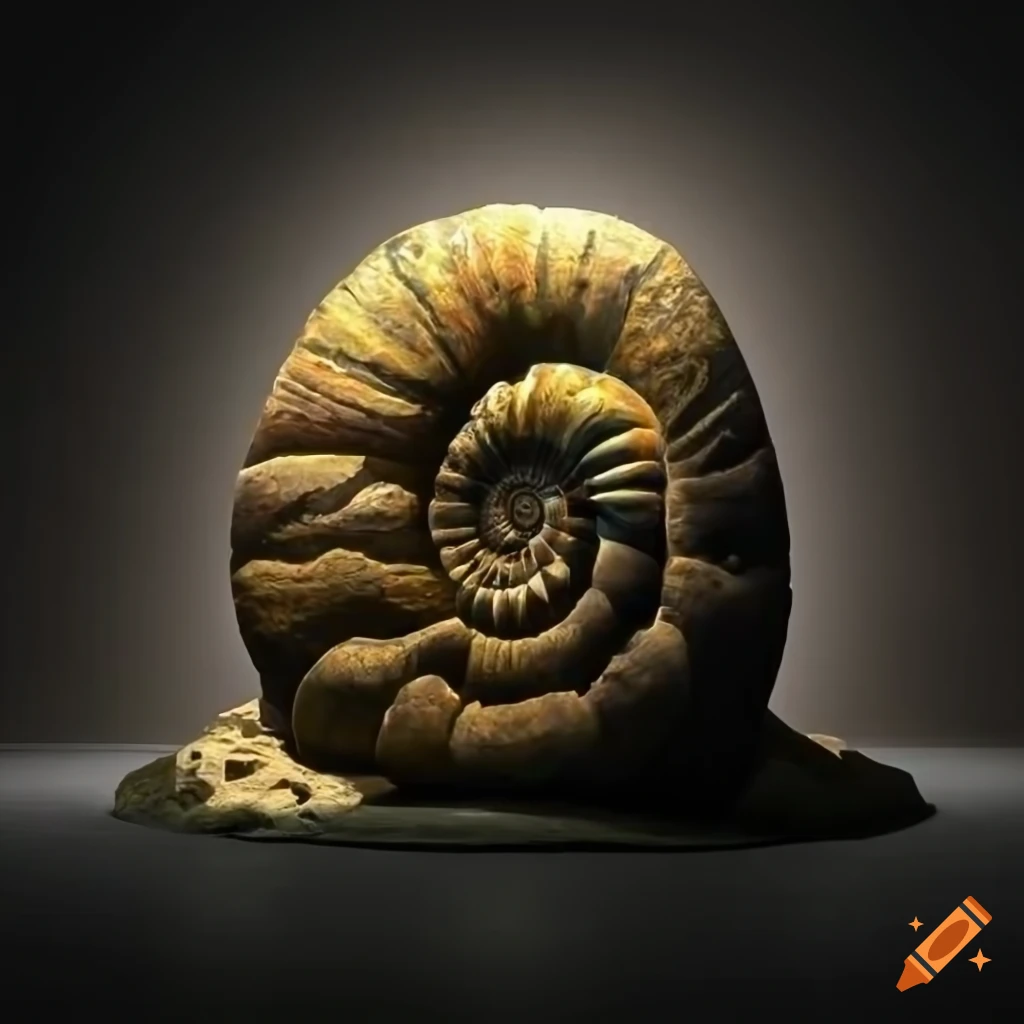 Stone house shaped like an ammonite surrounded by moss and ferns on Craiyon