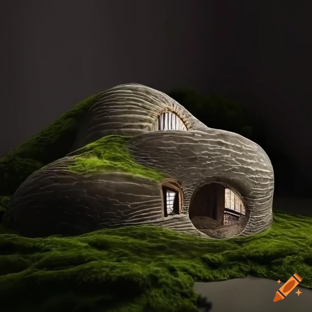 Stone house shaped like an ammonite surrounded by moss and ferns on Craiyon