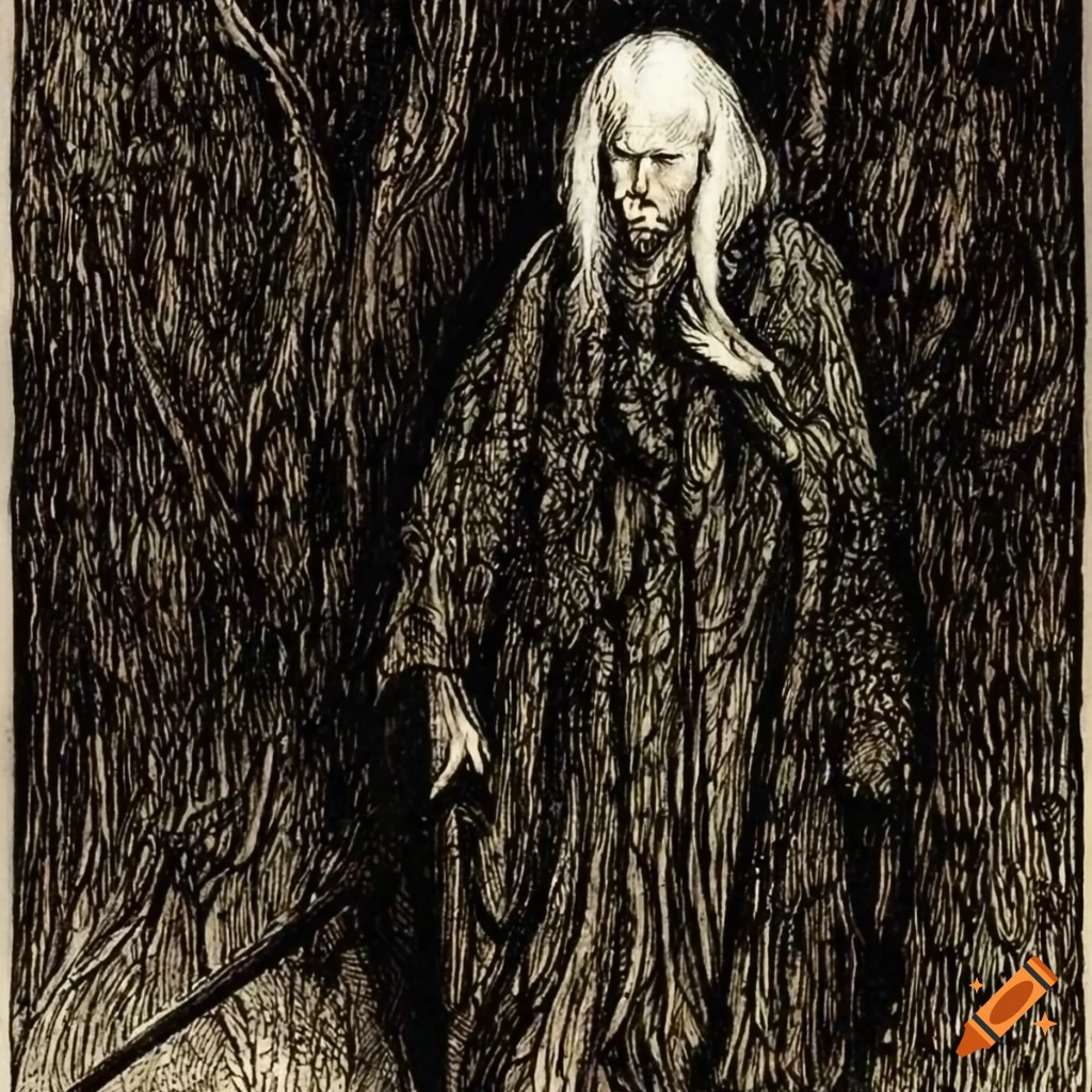 Bald friar in white robes with a flamethrower navigating through a ...