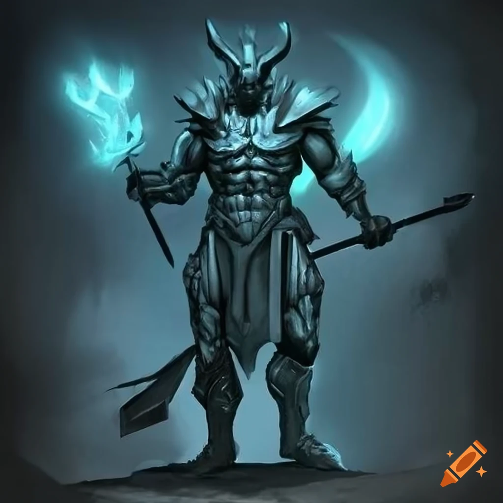 Statue of a fierce obsidian warrior with red glowing eyes on Craiyon