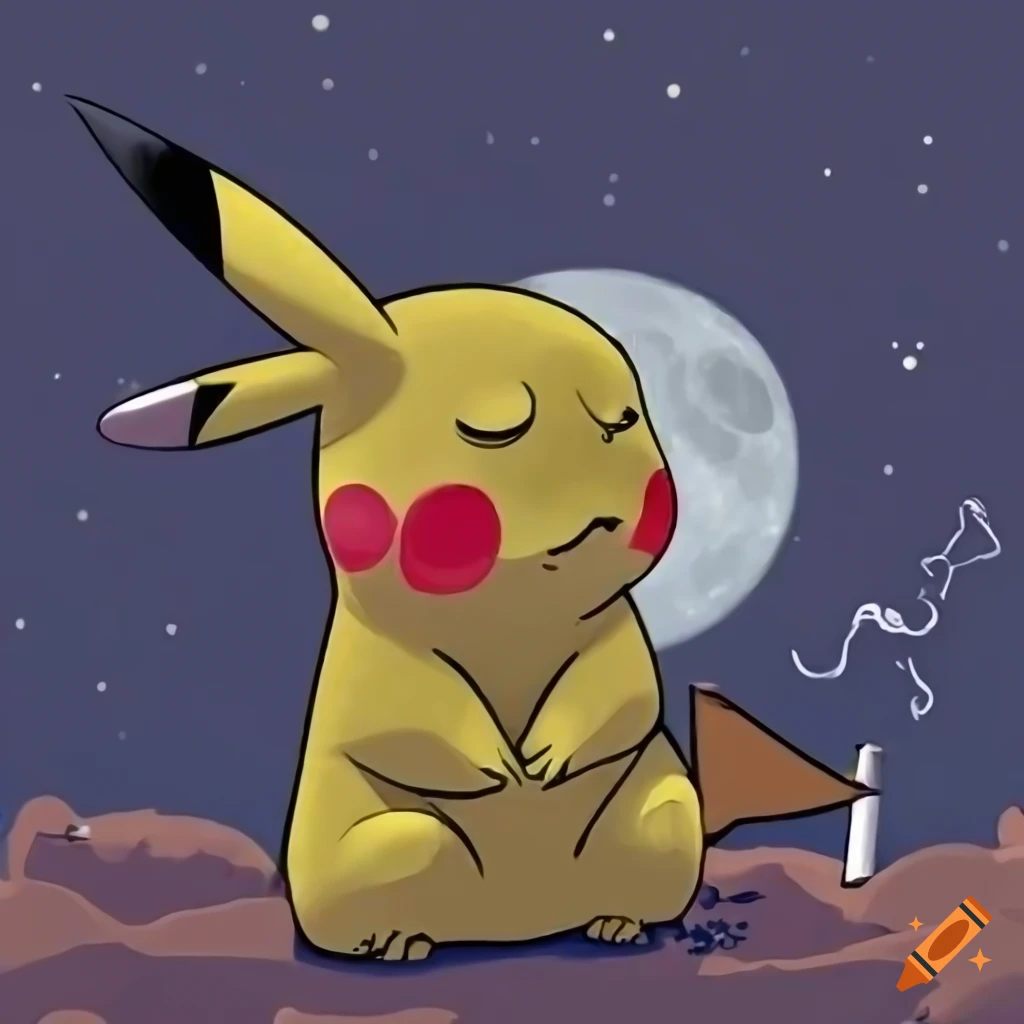 Depressed pikachu smoking under the moon