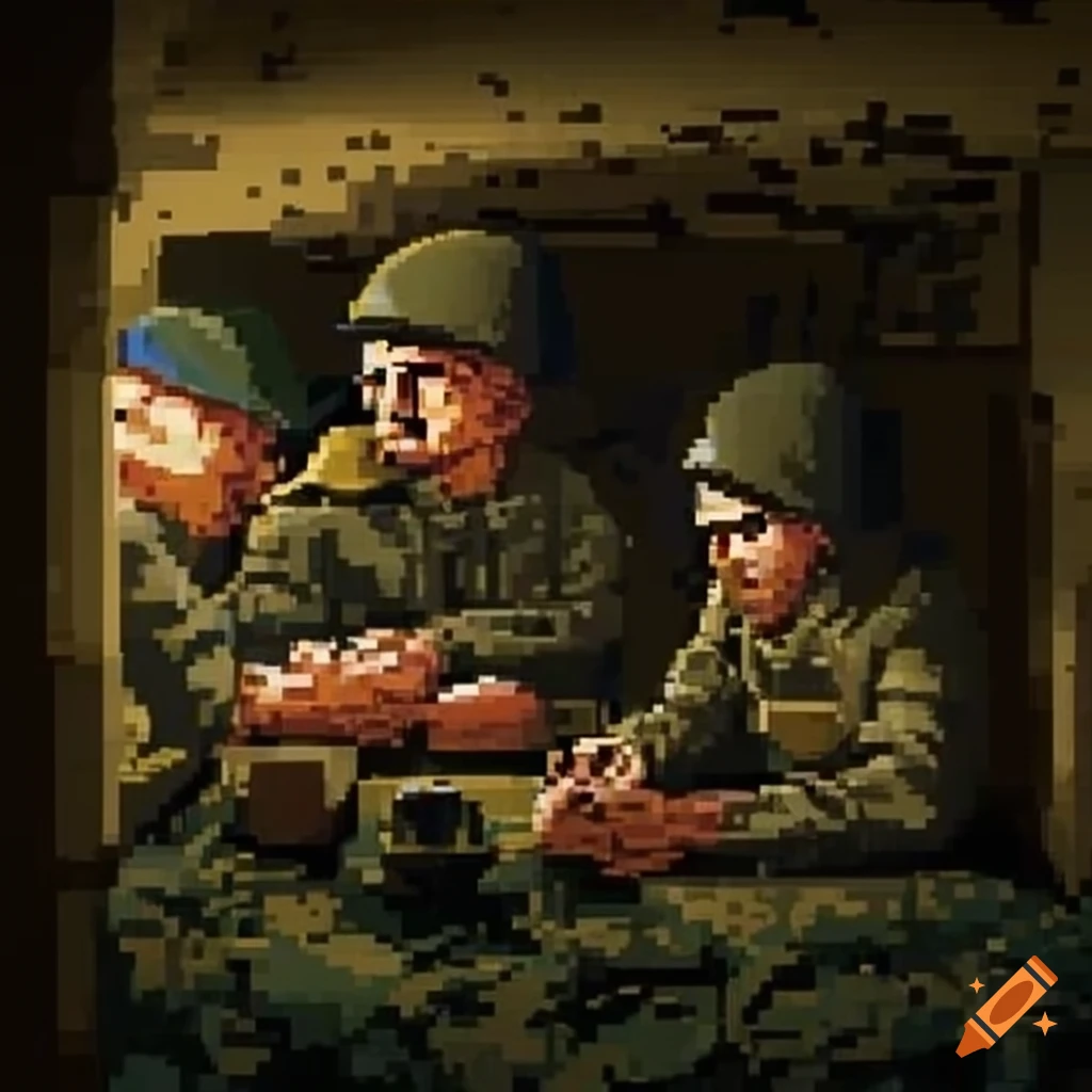 Pixel art of soldiers eating in a ww1 bunker on Craiyon