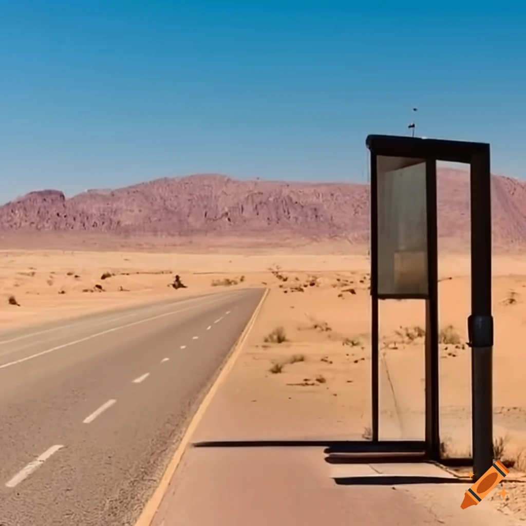 Desert bus stop with mountains in the background on Craiyon