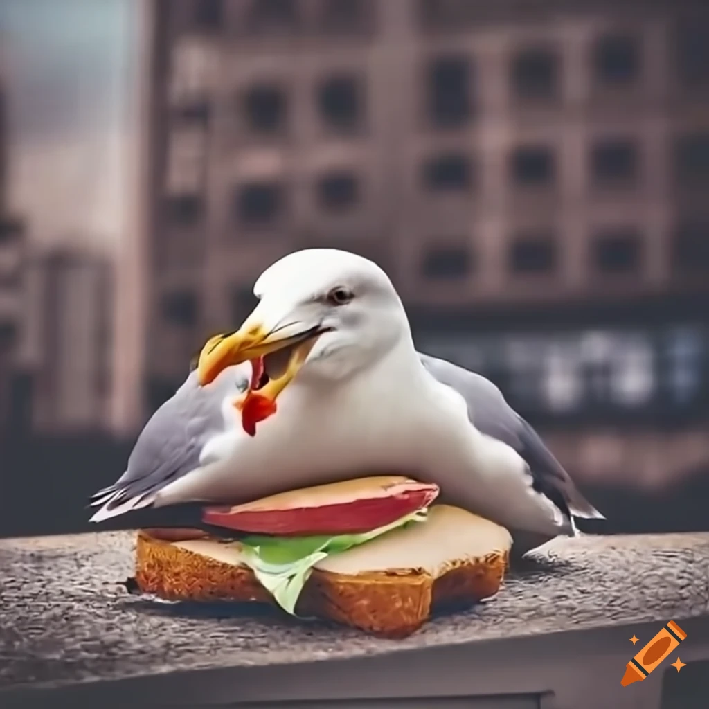 Seagull eating a sandwich in the city on Craiyon
