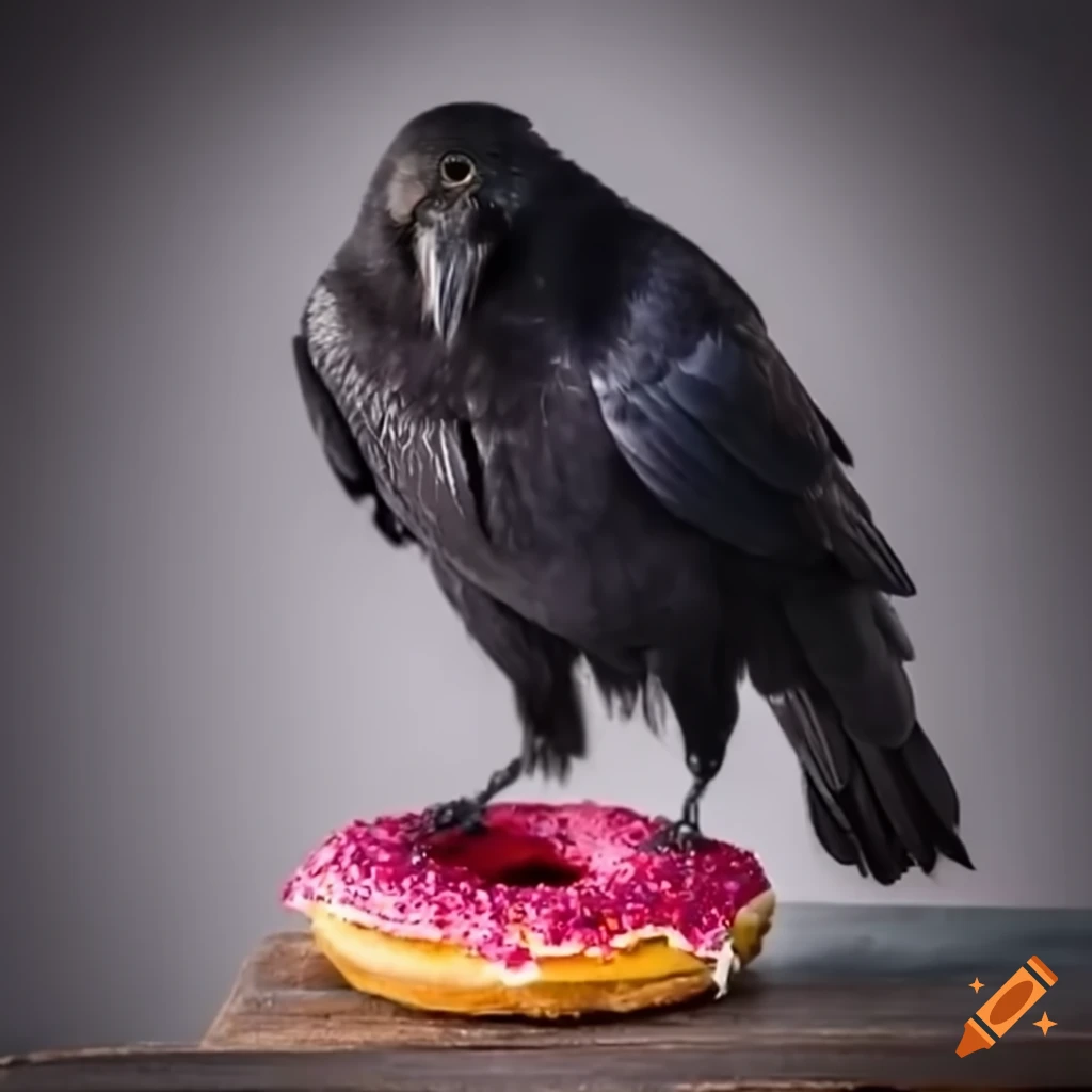 Realistic raven eating donuts