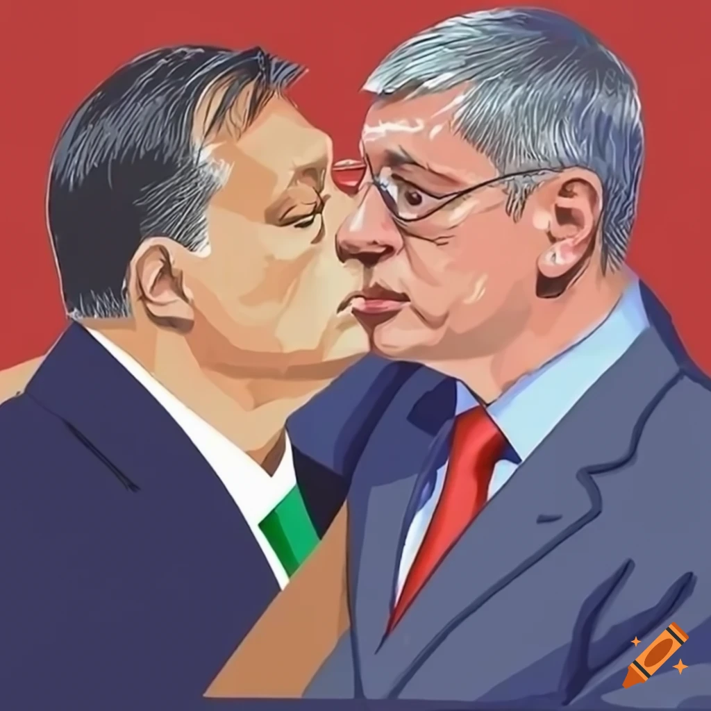 Satirical image of Viktor Orbán and Ferenc Gyurcsány kissing on Craiyon