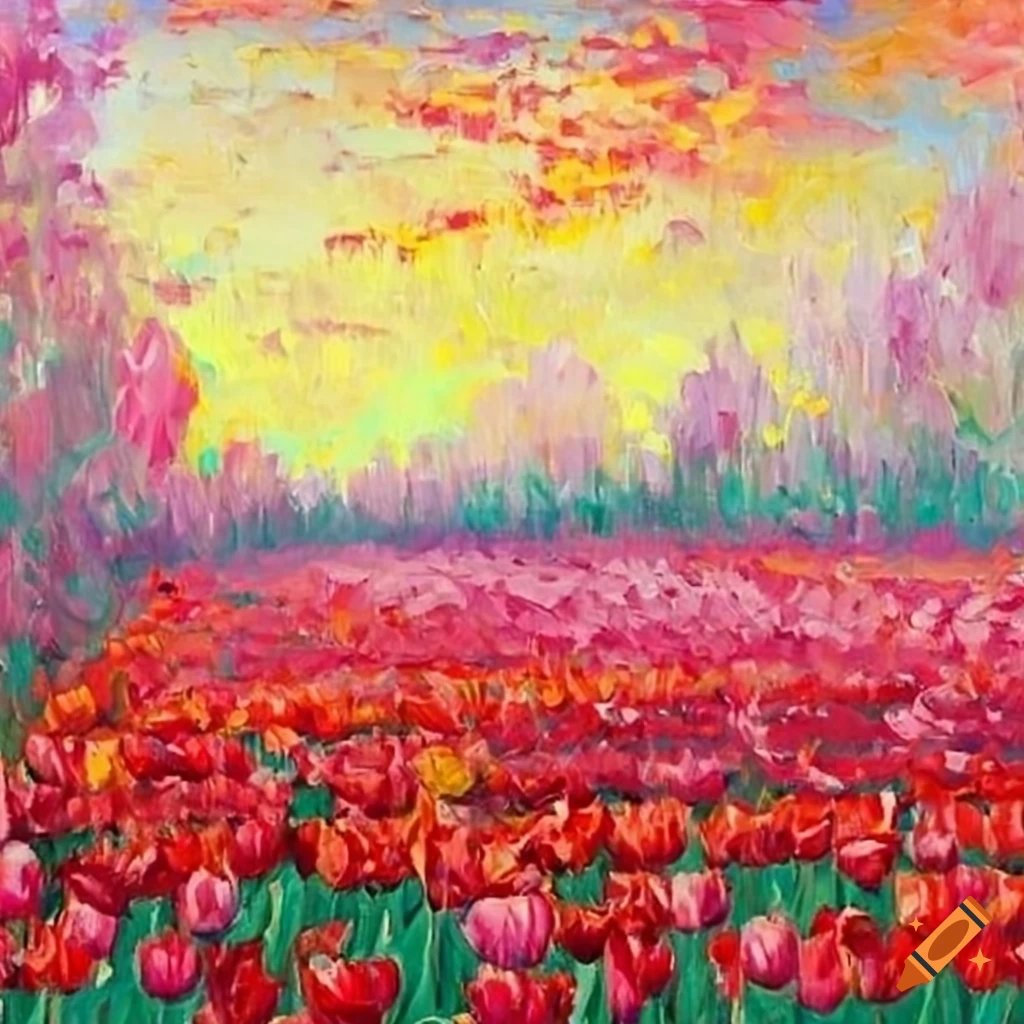 Impressionist painting of a serene field of tulips on Craiyon