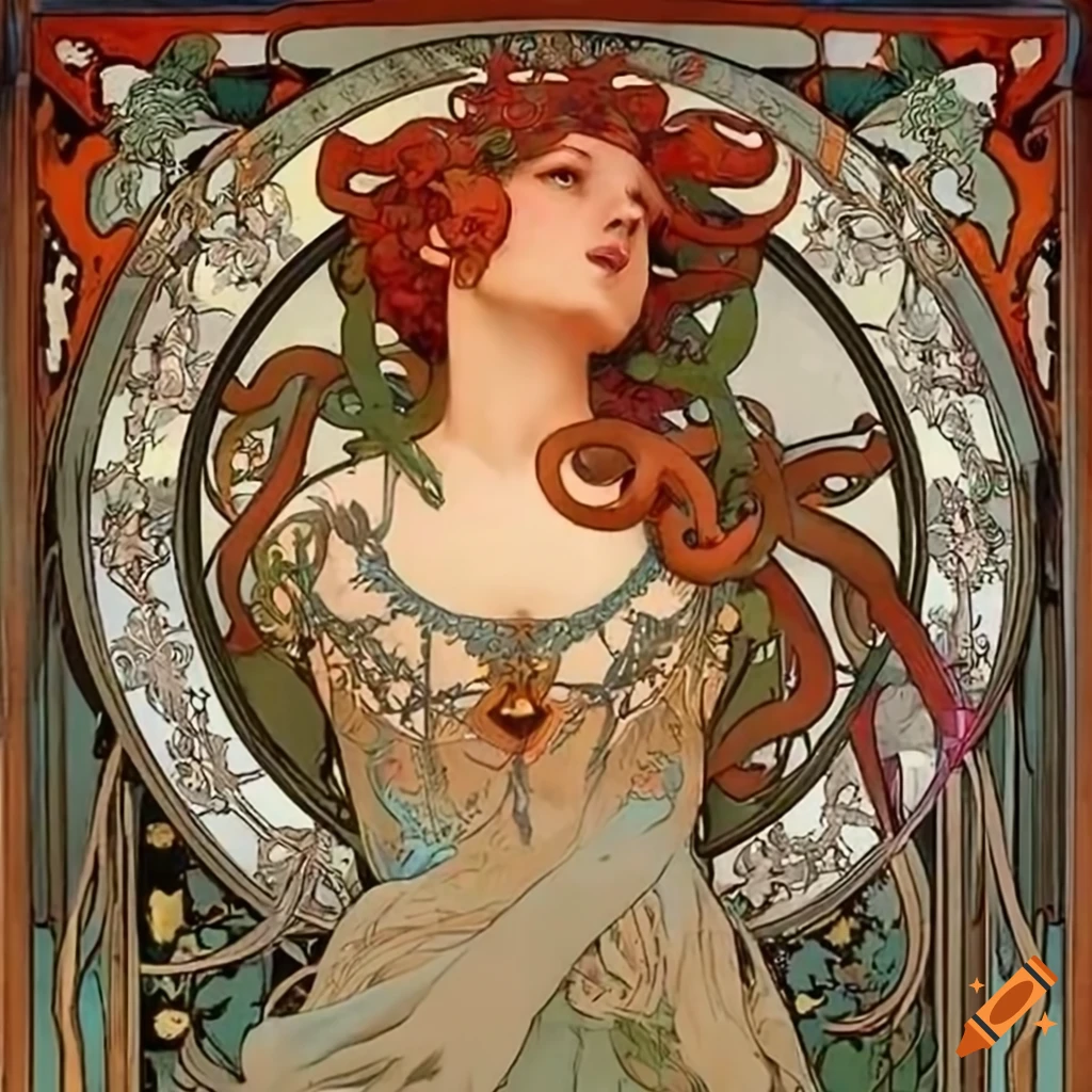 Medusa painting in the style of mucha on Craiyon