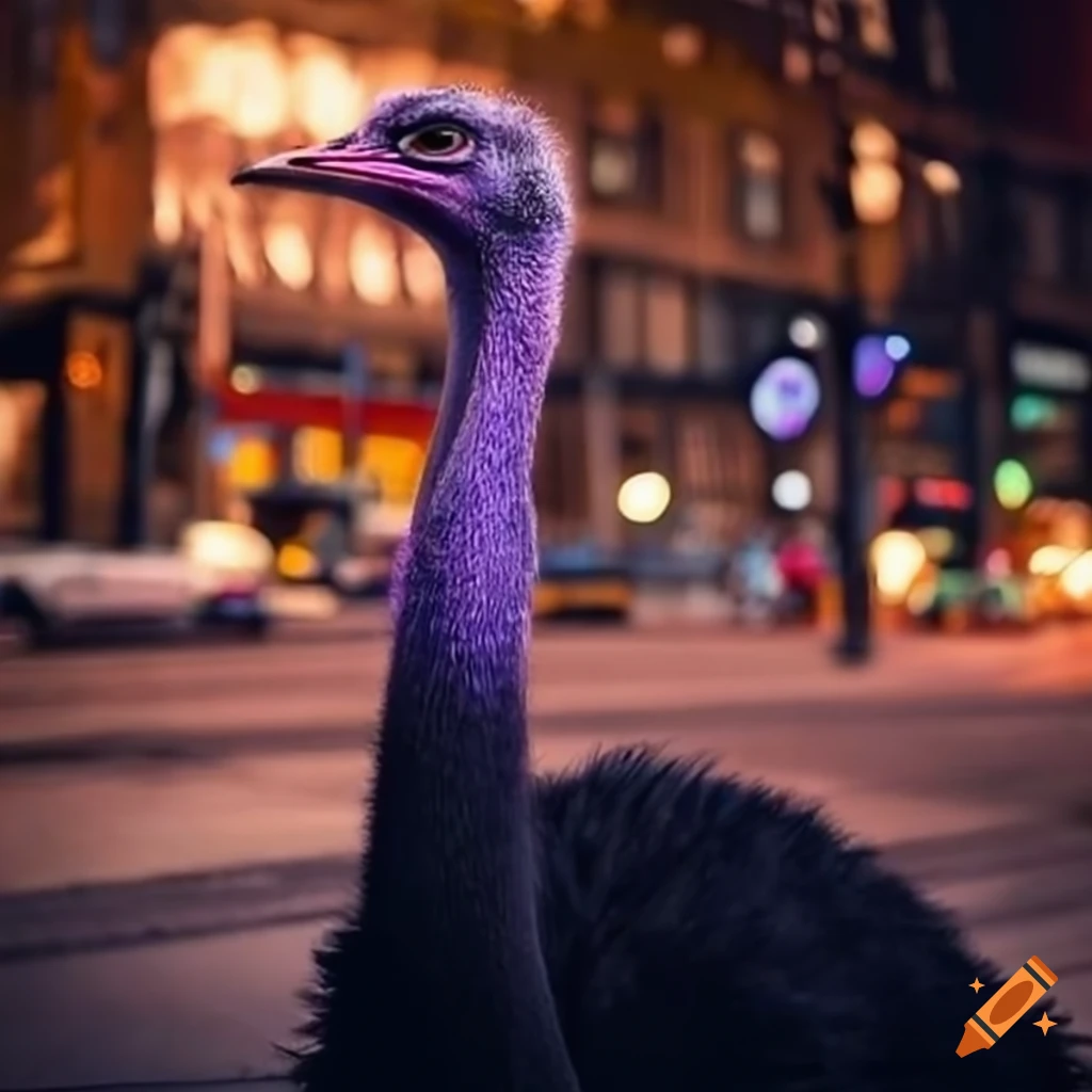 Realistic painting of a purple ostrich in toronto on Craiyon