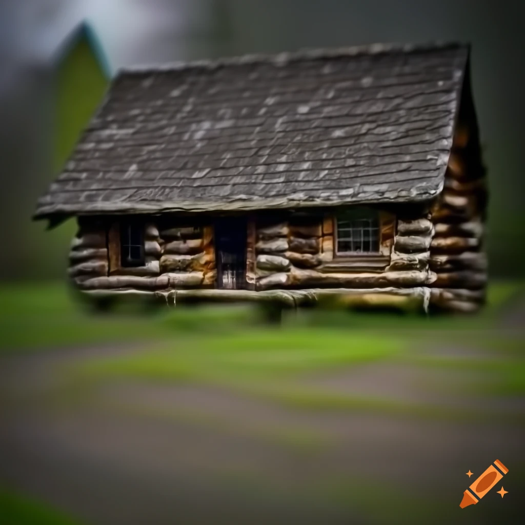 Photo of a log cabin in rain with lights on and cloudy sky backdrop on ...