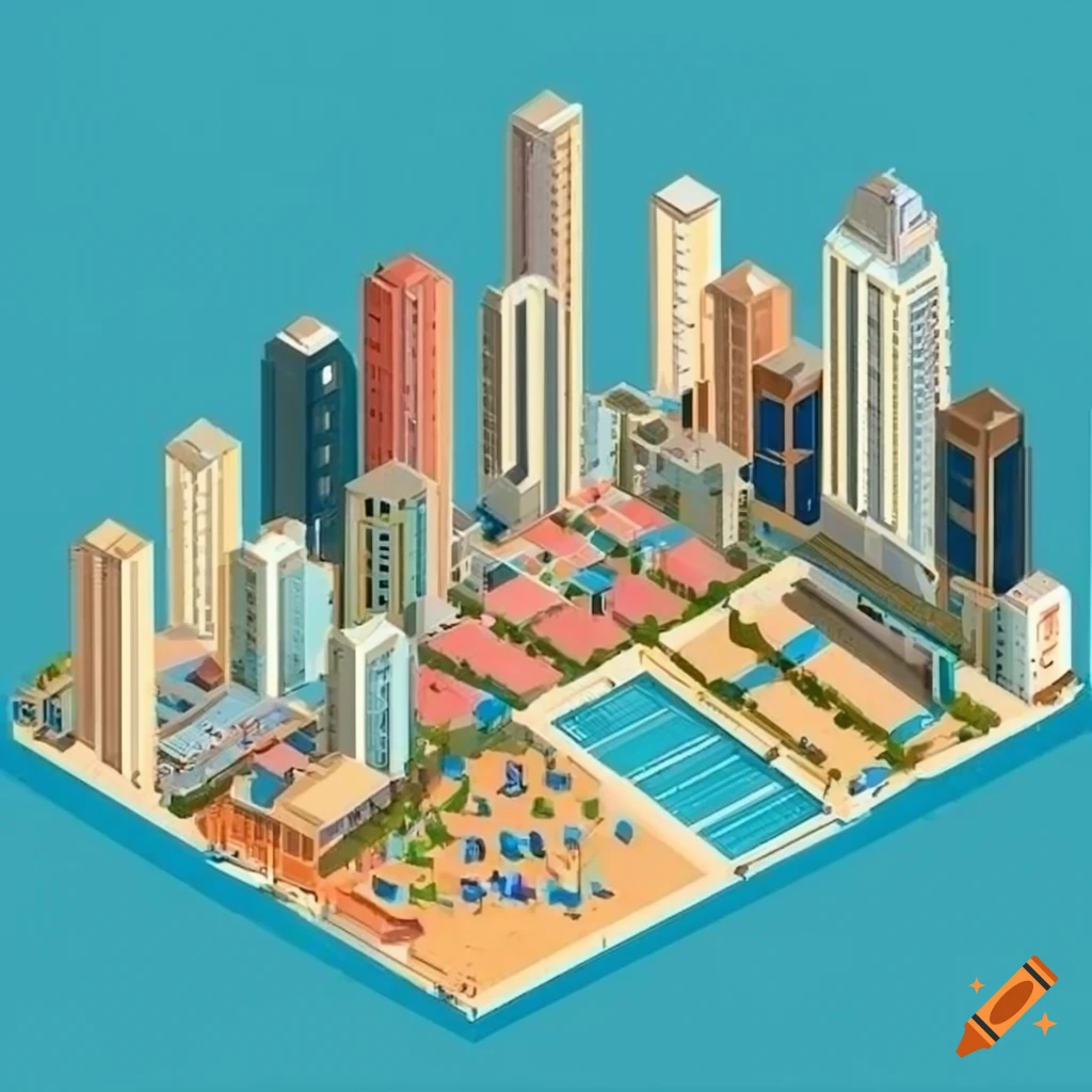Isometric view of a modern city with beach on Craiyon