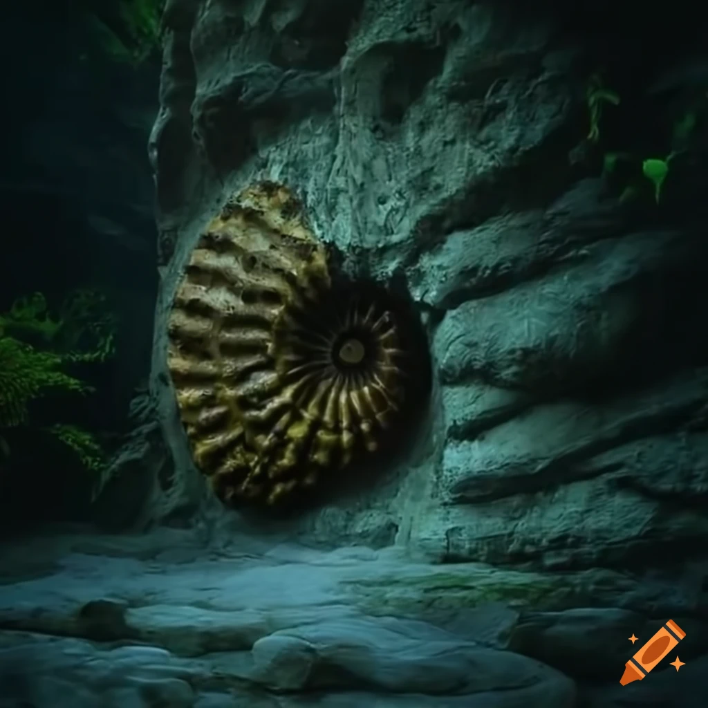 Biomorphic ammonite stone building in shale rock on Craiyon