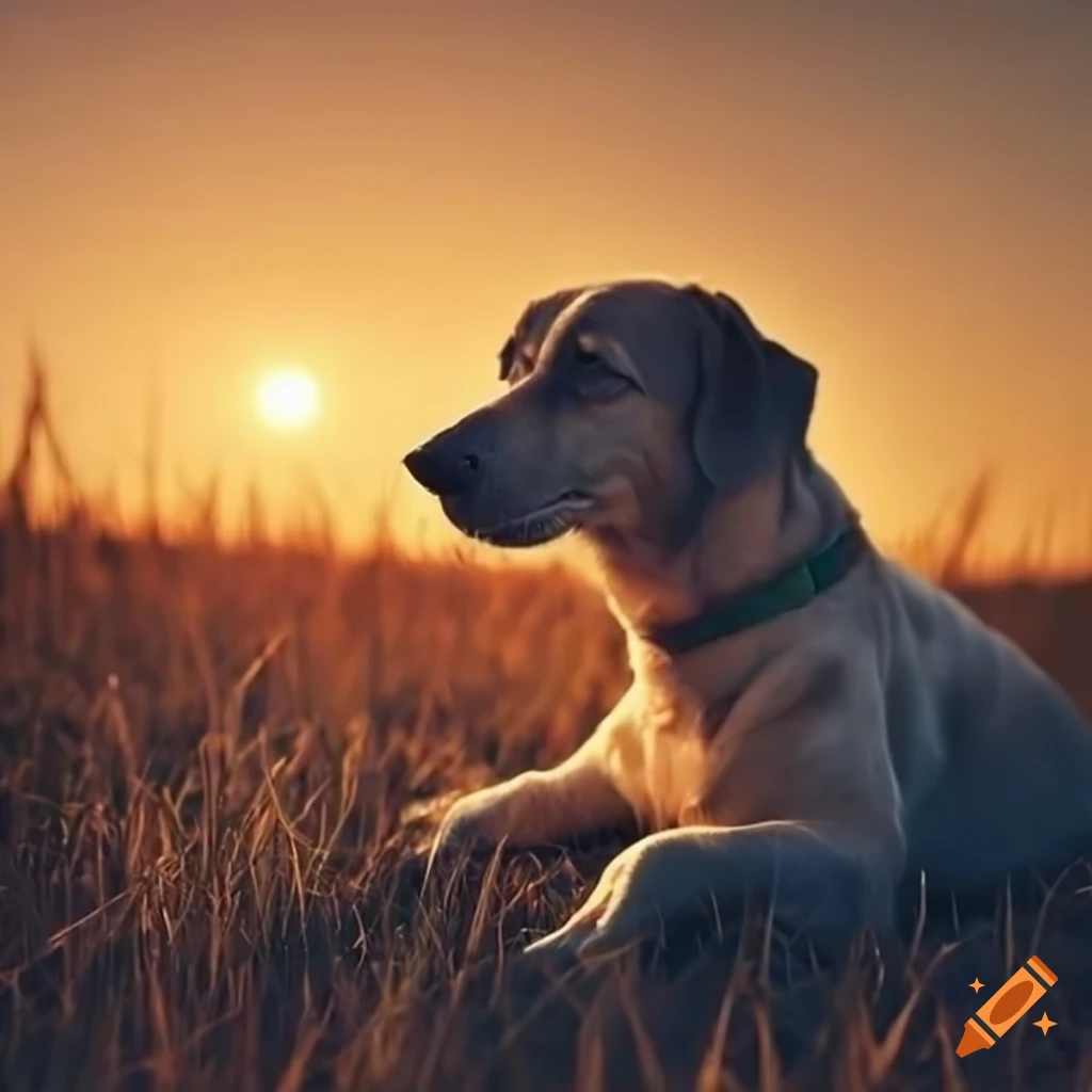 Dog enjoying sunset on grass on Craiyon