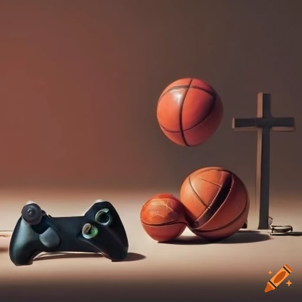 Still life with basketball, gaming controller, compass, coca-cola, and ...