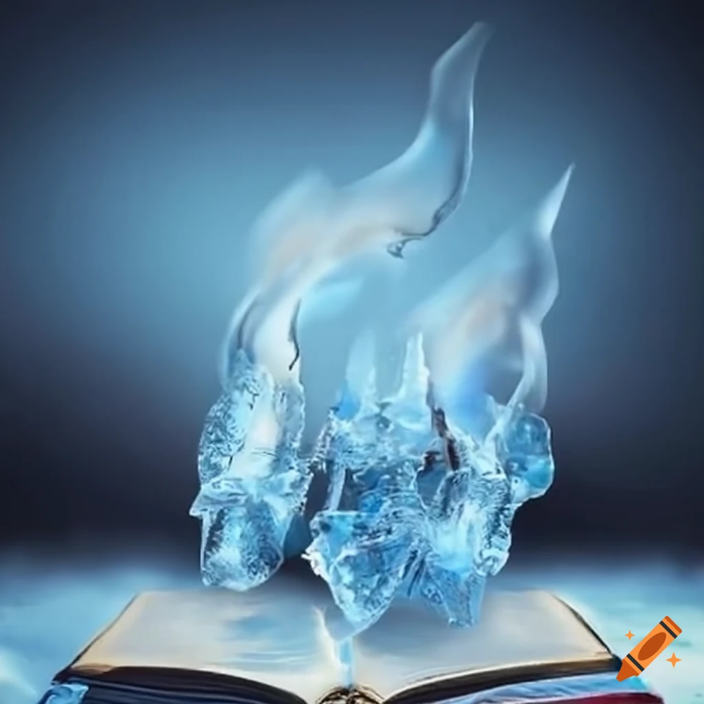 Fantasy image of ice flames over an open book