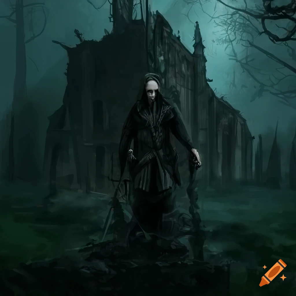 Dark fantasy hunter in gothic woods surrounded by ruins on Craiyon