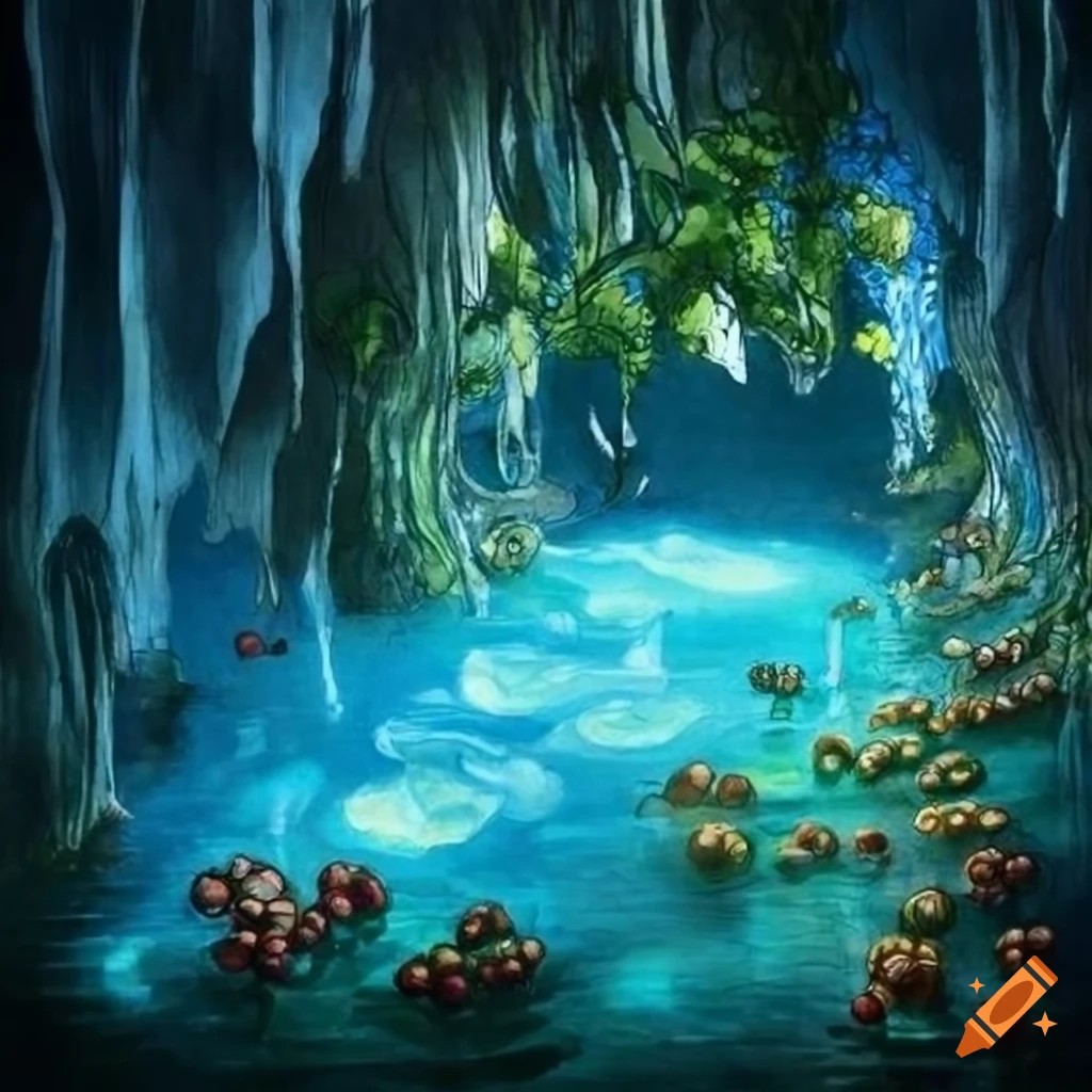 Concept art of a lush cave with glowing vines and mushrooms on Craiyon