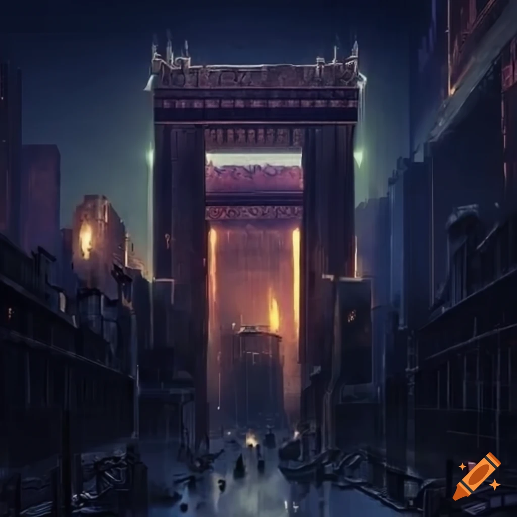 Dark cyberpunk image of ishtar gate in babylon