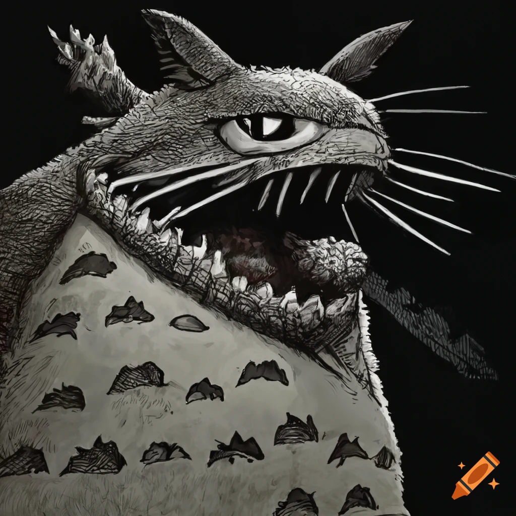 Noir graphic novel style artwork of godzilla totoro and garfield on Craiyon