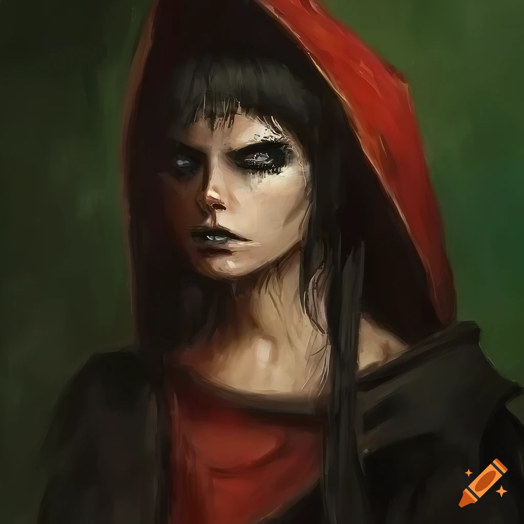 Oil painting of a fierce dark-haired red mage girl on Craiyon