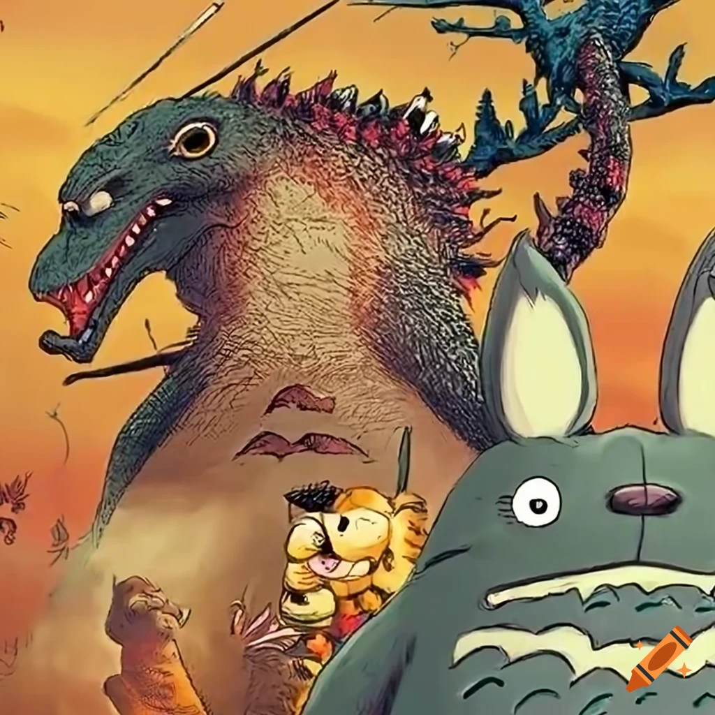Noir-style graphic novel artwork with godzilla, totoro, and garfield