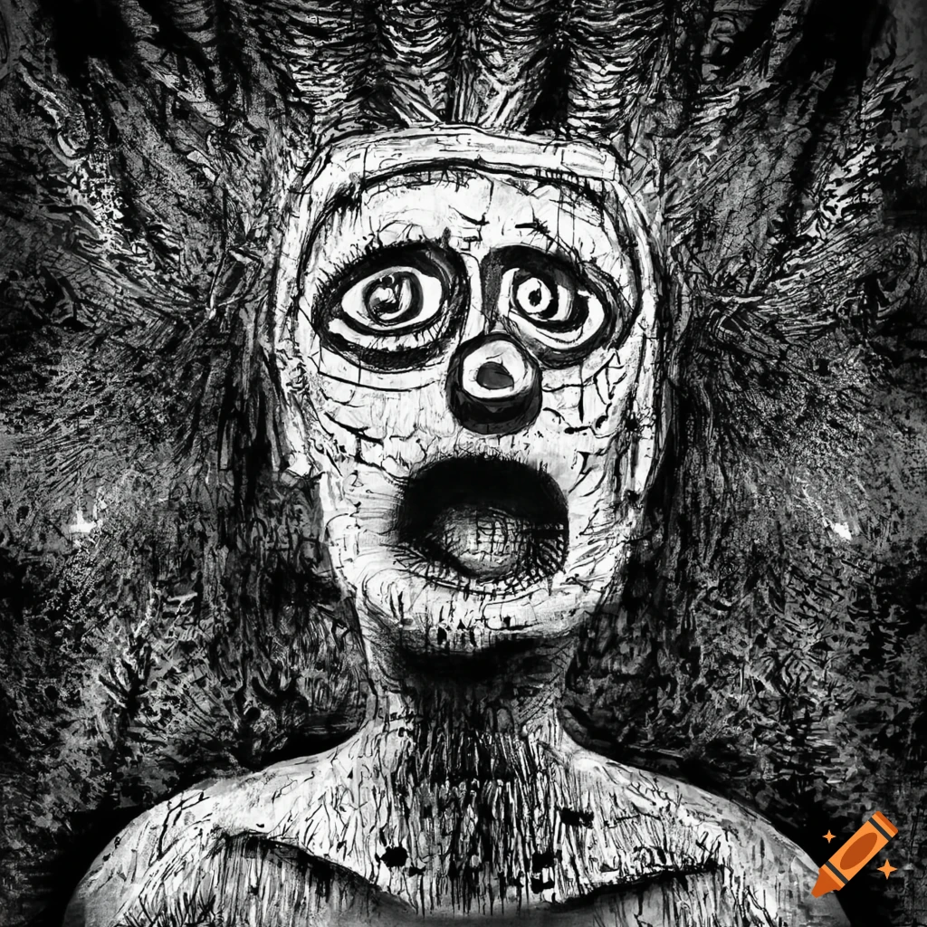 Black and white artwork of a man screaming in a forest on Craiyon