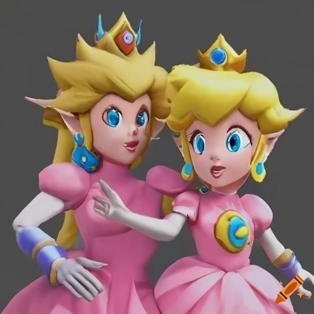 Princess peach and link posing in pink silk ballgowns on Craiyon