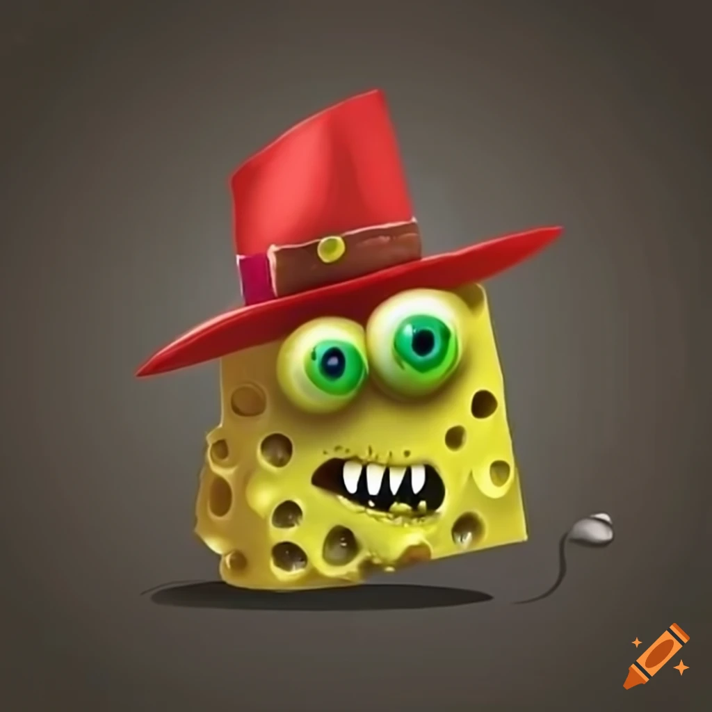 Illustration of a cheese monster with green eyes and a red hat on Craiyon