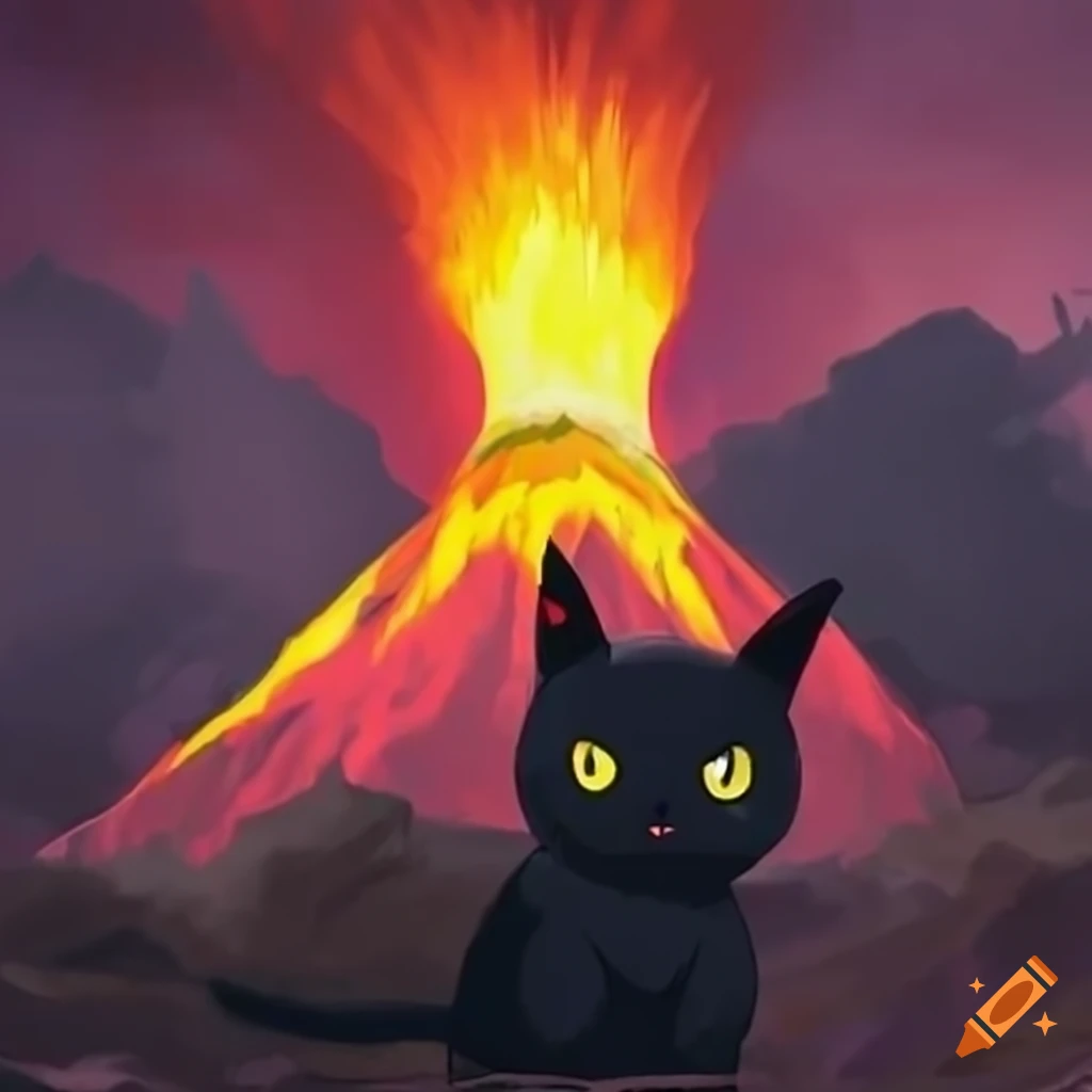 Black cat Pokemon amidst erupting volcanoes on Craiyon