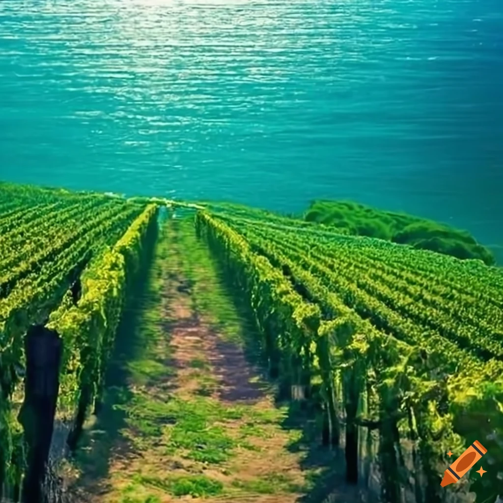 Vineyard overlooking the water at sunset on Craiyon