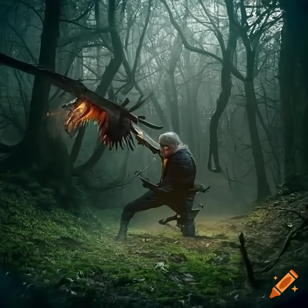 Artwork of witcher fighting a monster in a forest