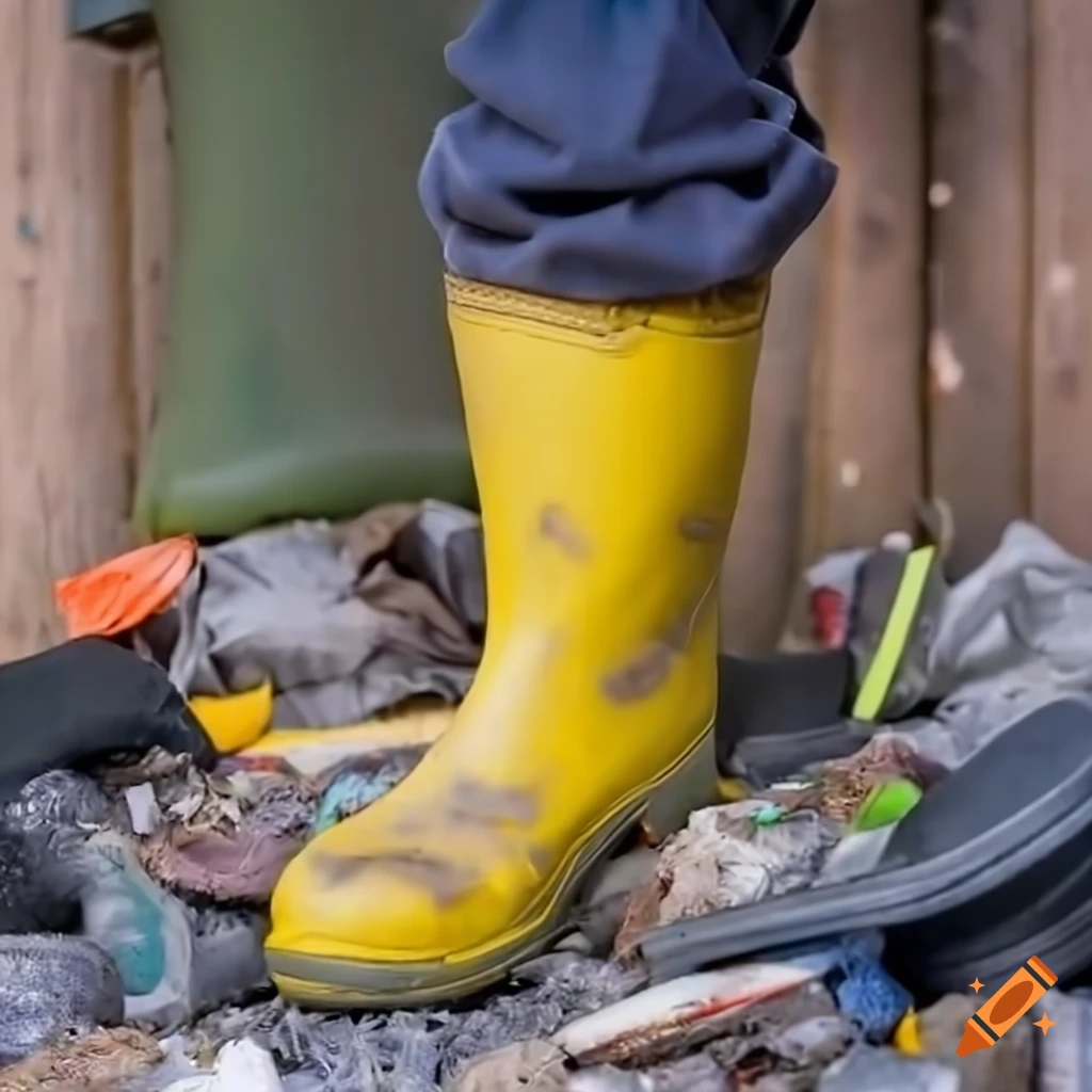Close-up of dirty yellow safety rubber boots in garden trash on Craiyon