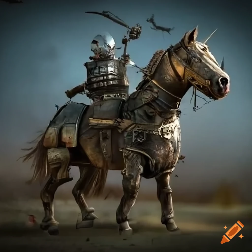 Horse wearing post-apocalyptic battle armor on Craiyon