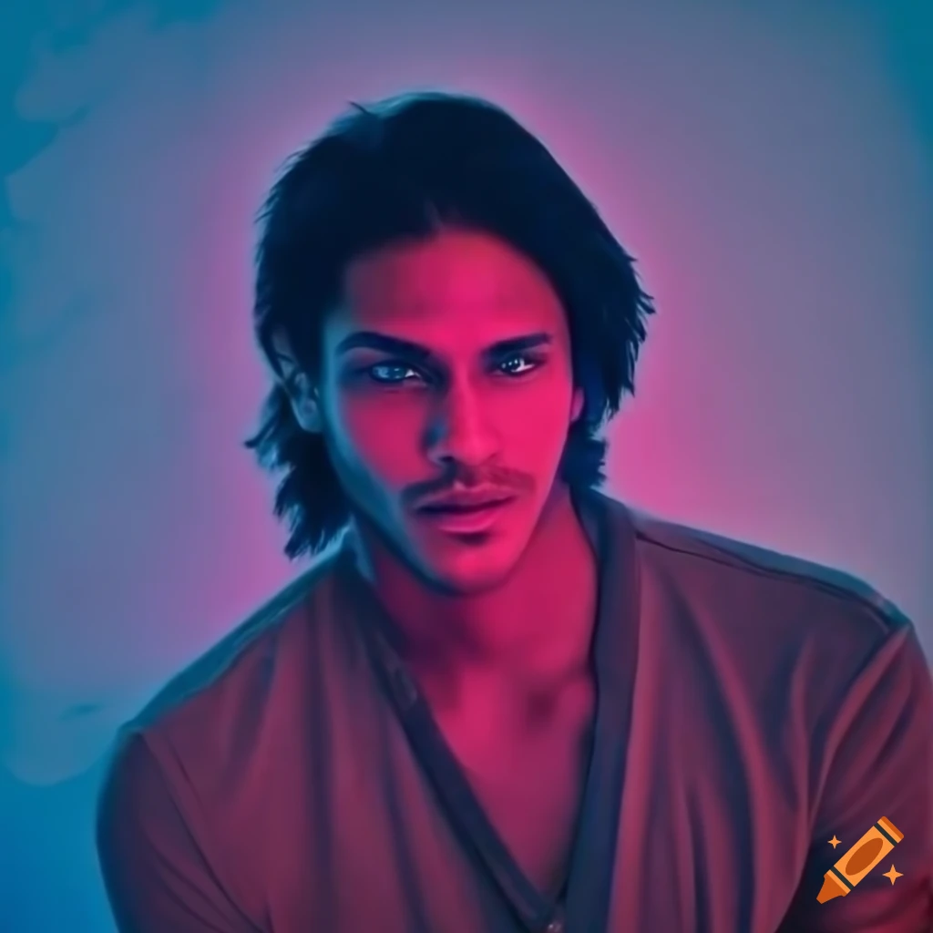 Portrait of a handsome biracial French man against a neon city ...