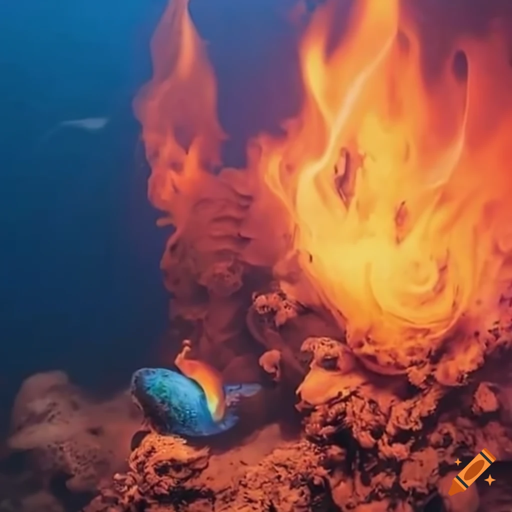 Fire emerging in the ocean with a man trapped on Craiyon
