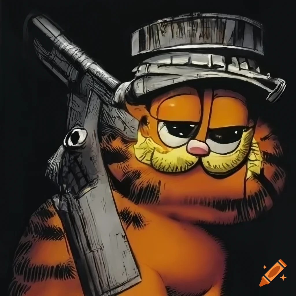 Garfield in army uniform holding a rifle on Craiyon
