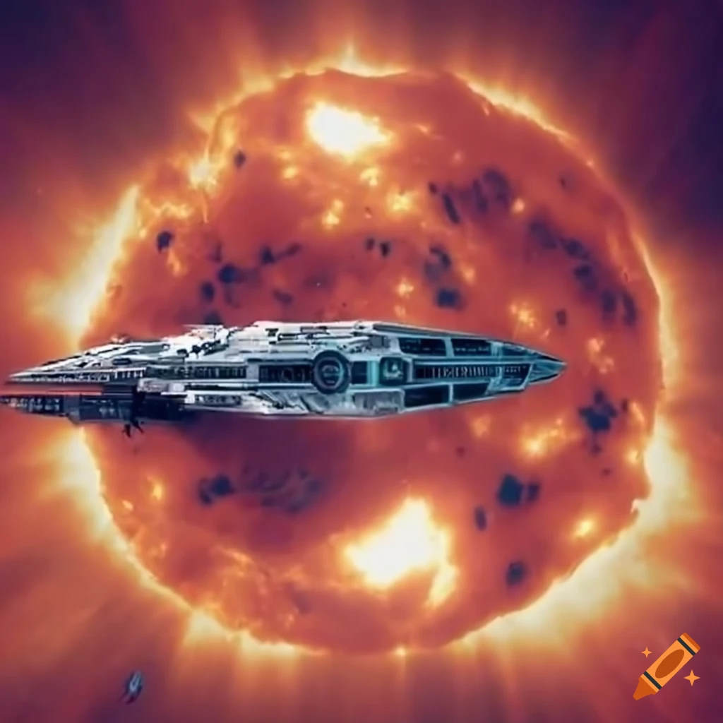 Interstellar spaceship approaching the sun in deep space on Craiyon
