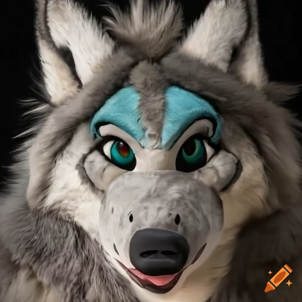 Close-up of a wolf fursuit head