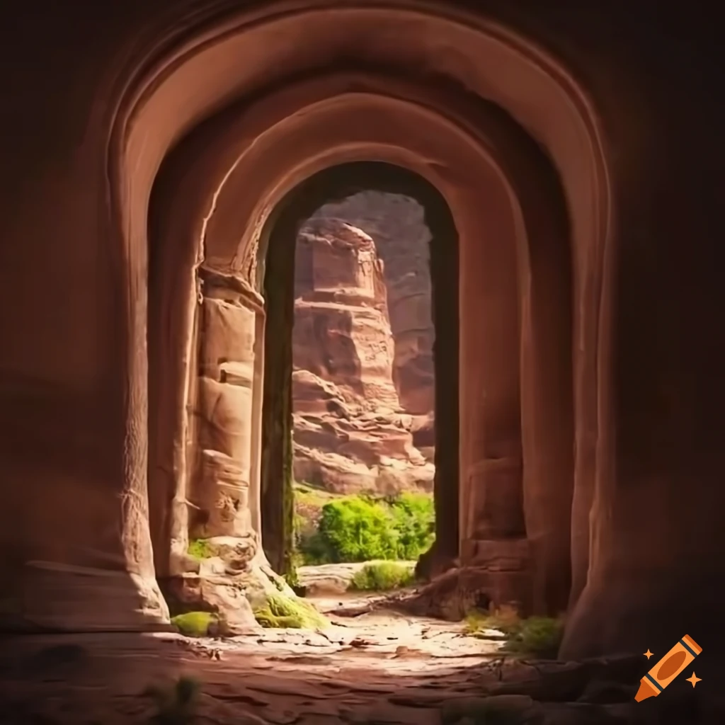 Cinematic door on a cliff with waterfall backdrop on Craiyon