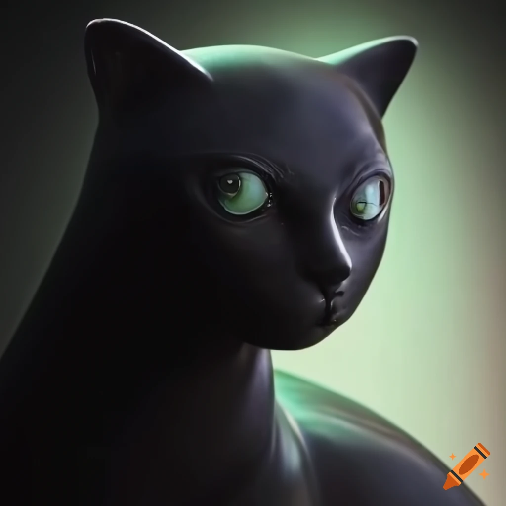 Sculpture of a black cat with jade eyes emerging from colorful crystal