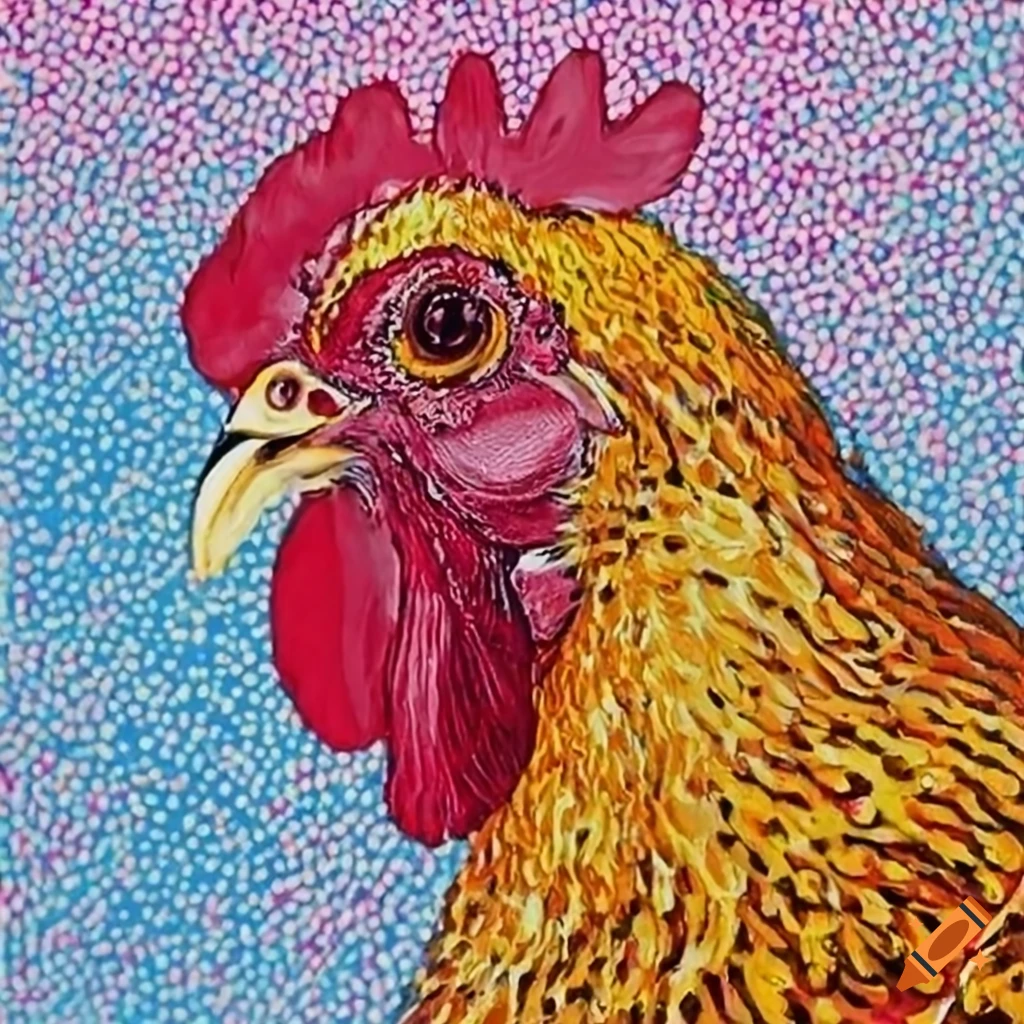 Pointillism style chicken artwork on Craiyon