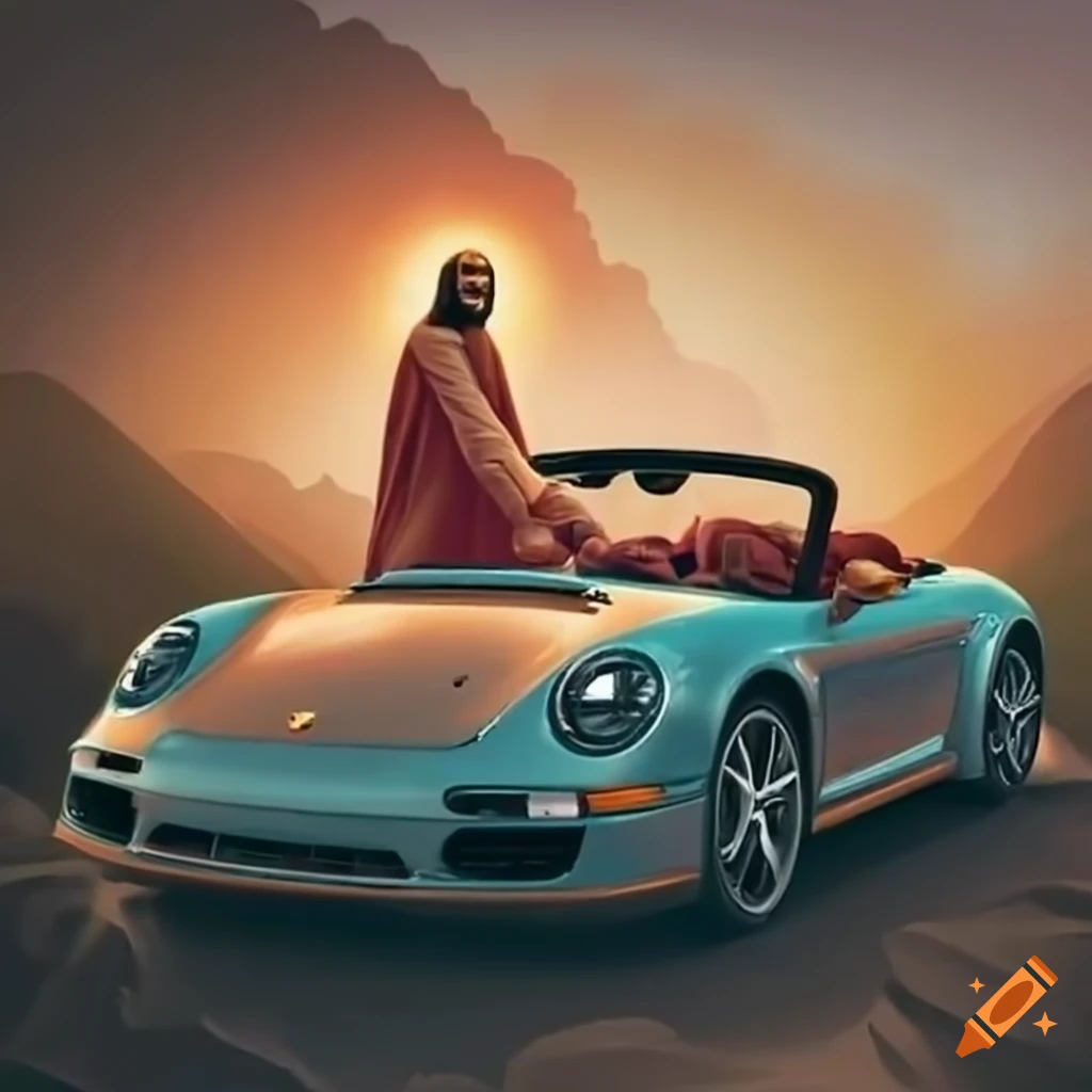 Scenic landscape with Jesus driving a convertible Porsche on Craiyon