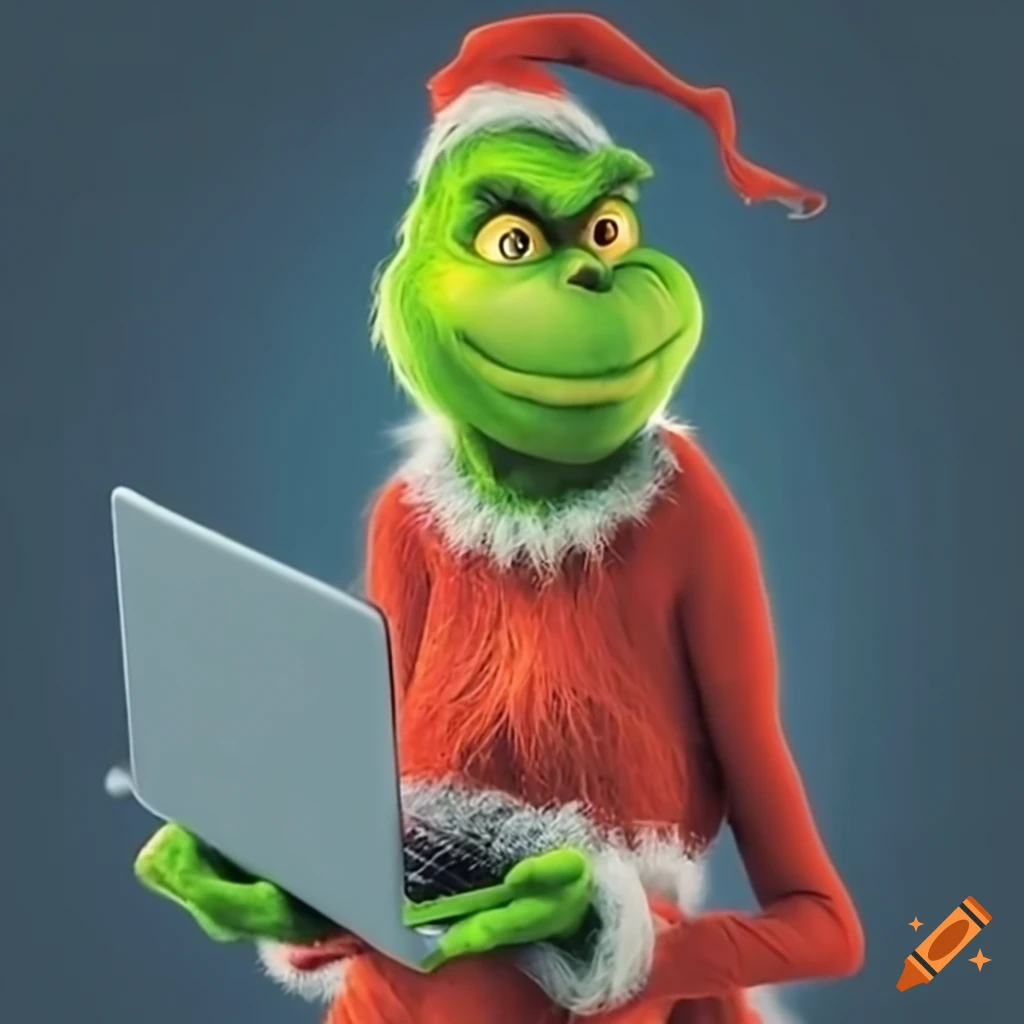 Grinch with laptop smiling on Craiyon