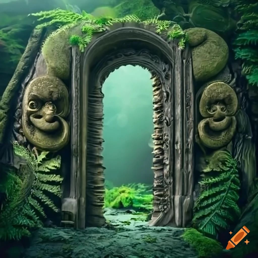 Ornate shale rock door with ammonite and spiral decorations on Craiyon