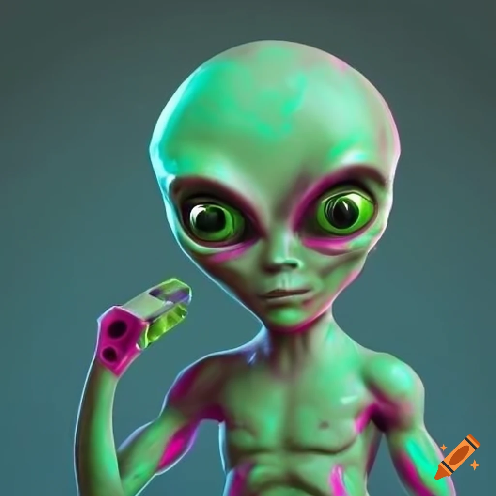 Futuristic green alien with pink pistol