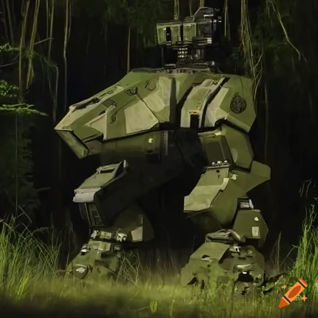 Camouflaged mech robot scanning the swamp at night on Craiyon