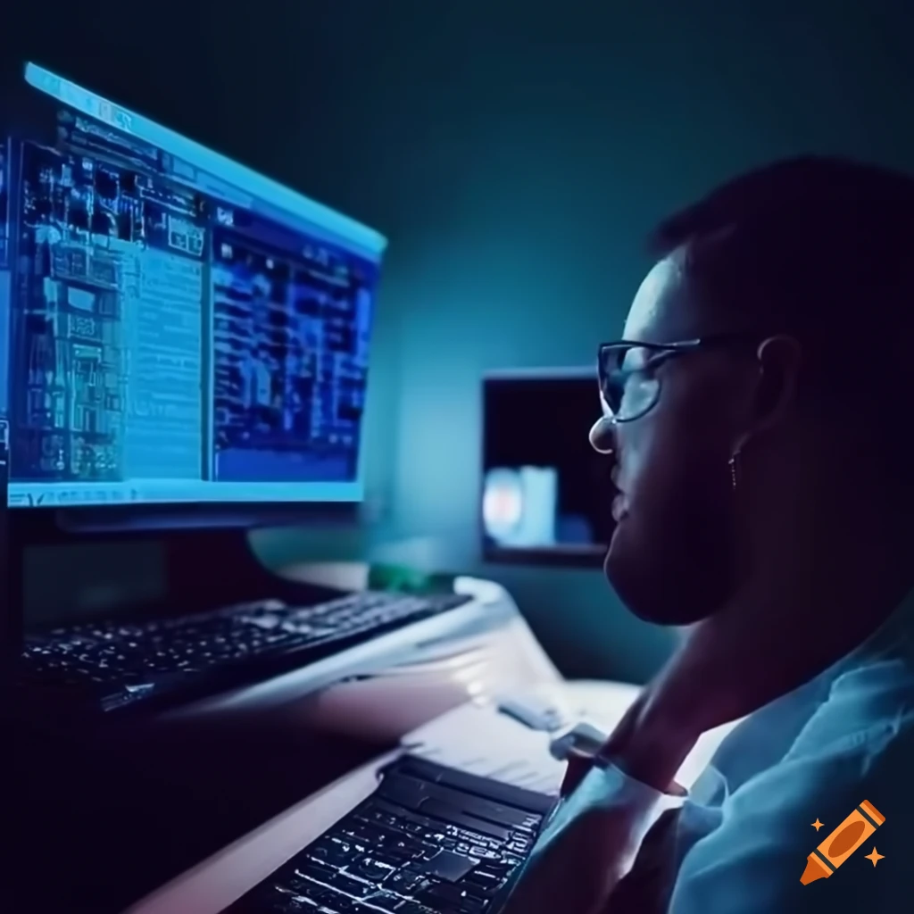 Developer working on his computer late at night on Craiyon