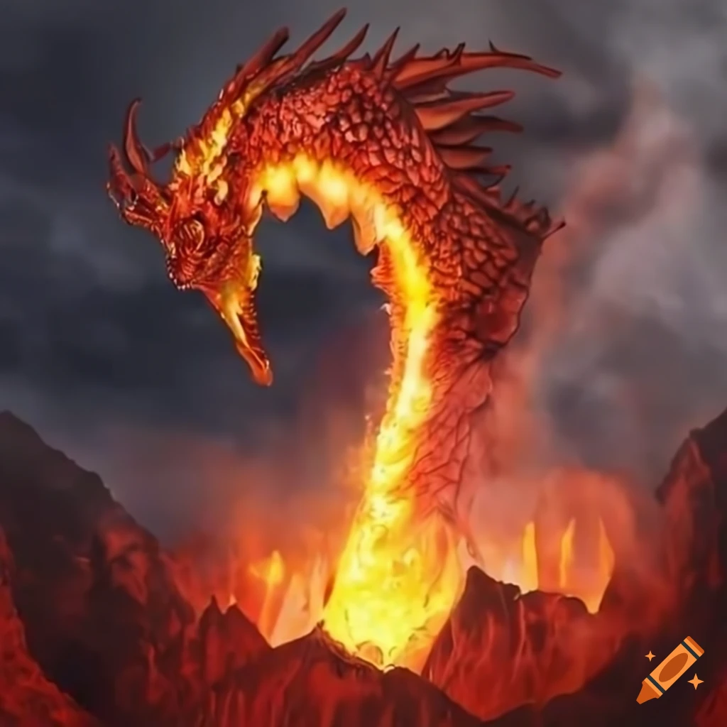 Artwork of a majestic fire dragon soaring over a volcano on Craiyon