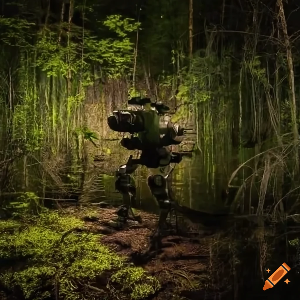 Multidimensional robot with headphones in a green overgrown swamp on ...